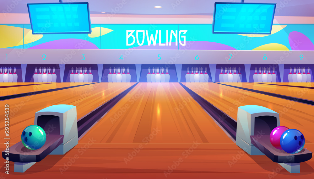 Bowling alleys with balls, pins and scoreboard screens. Empty club ...