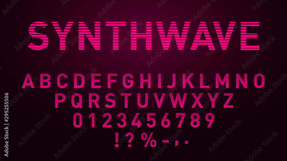 Synthwave pink font in 1980s style. Retrowave striped letters, numbers ...