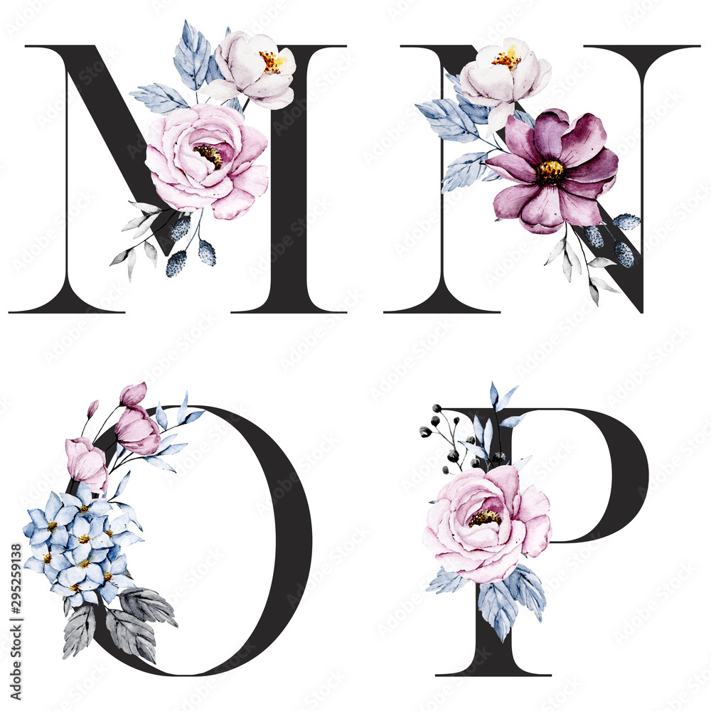 Floral alphabet, letters set with watercolor flowers and leaf. Monogram ...
