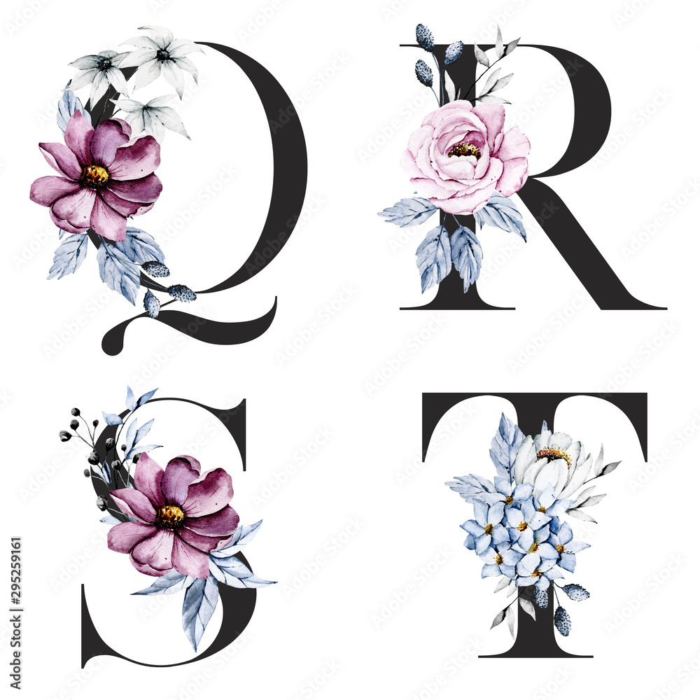 Floral alphabet, letters set with watercolor flowers and leaf. Monogram ...