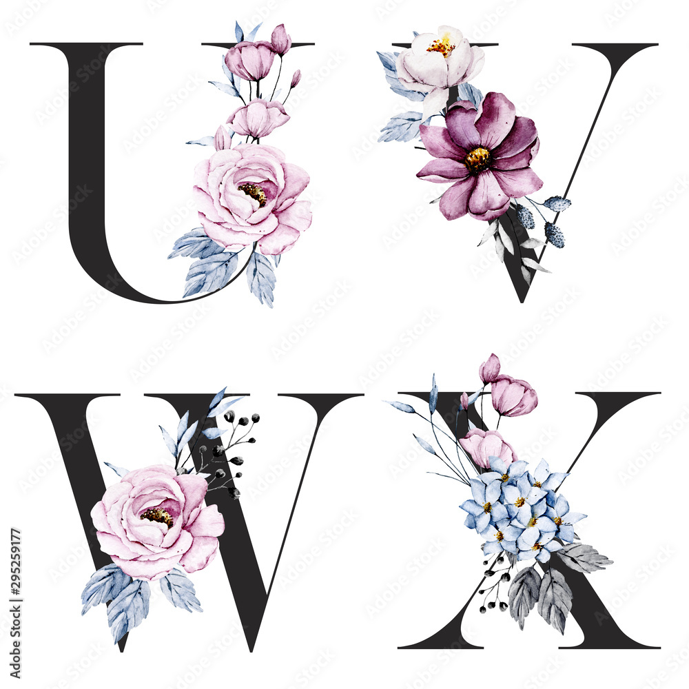 Floral alphabet, letters set with watercolor flowers and leaf. Monogram ...