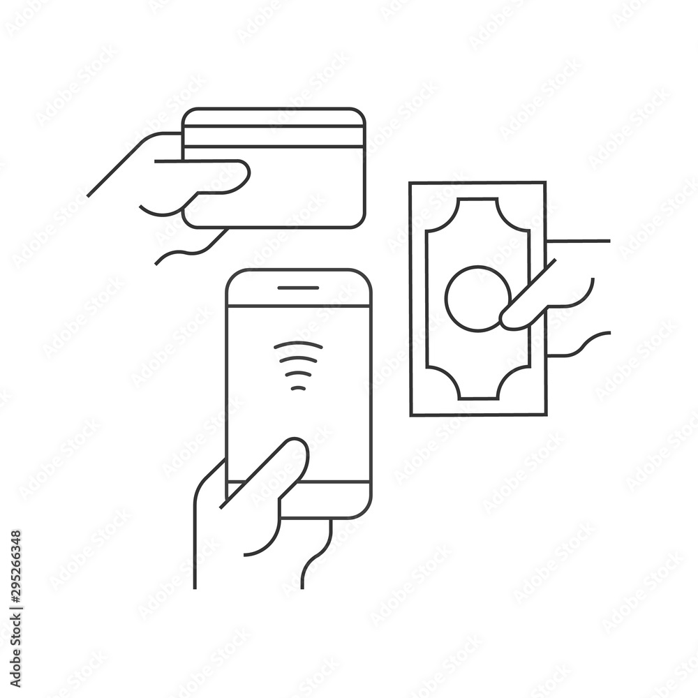 Payment options linear illustration on white background. Pay via cash ...