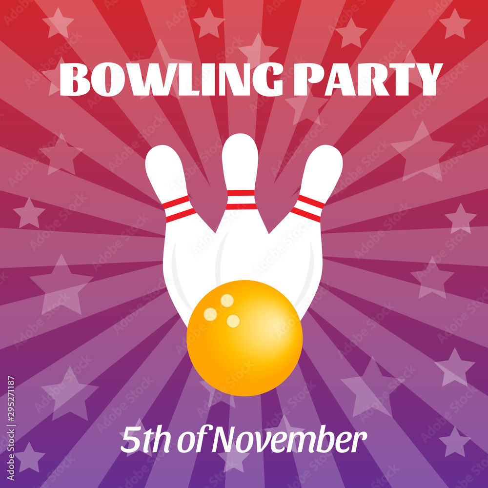 Vivid bowling party poster with white pins and yellow ball. Invitation ...