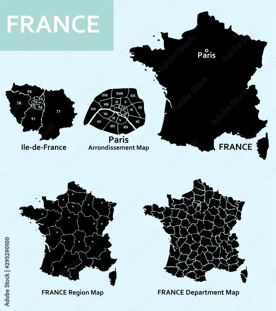 Maps of France with its departments and regions and Paris with its ...