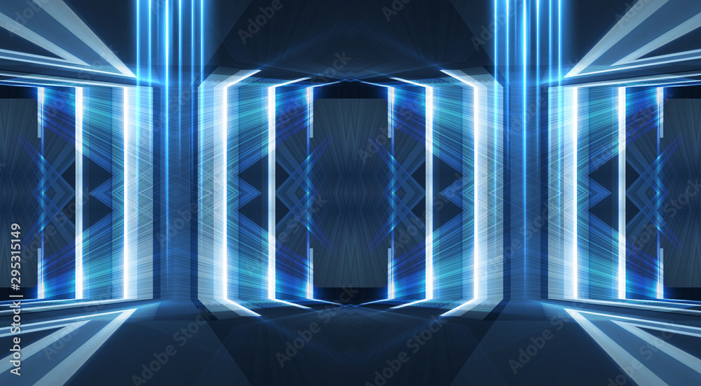 Abstract light tunnel, blue background, stage, portal with rays, neon ...