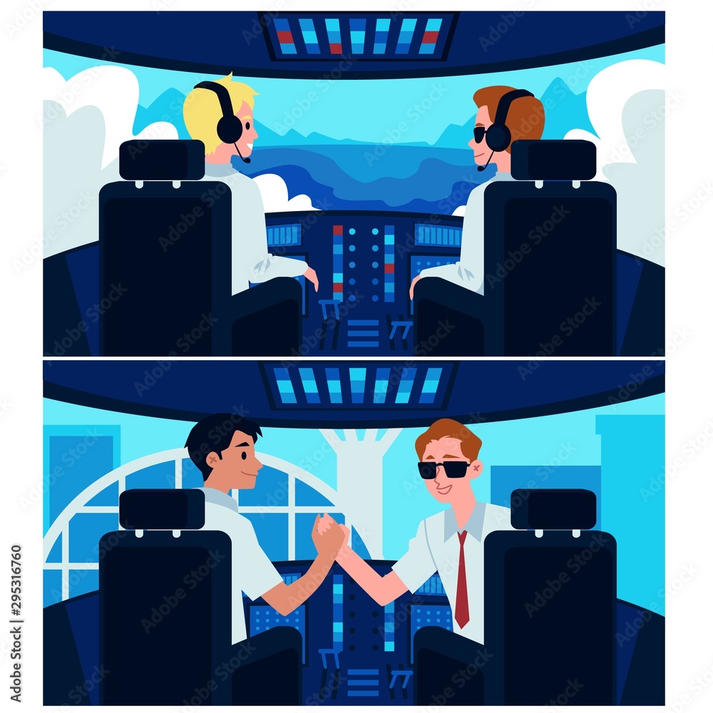 Cartoon airplane cockpit interior with plane captain and second pilot ...