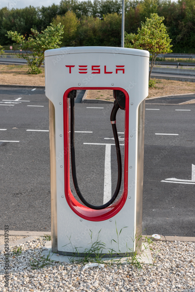 Reims, France - August 27, 2018: Tesla Super Charging station on ...