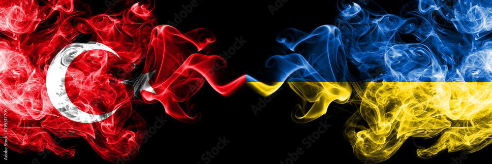 Turkey vs Ukraine, Ukrainian smoke flags placed side by side. Thick ...