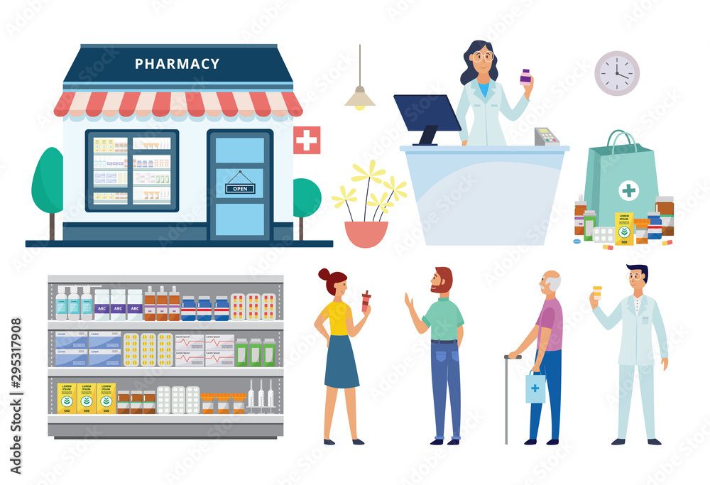 Pharmacy set. Drug store building exterior, cartoon people and medicine ...