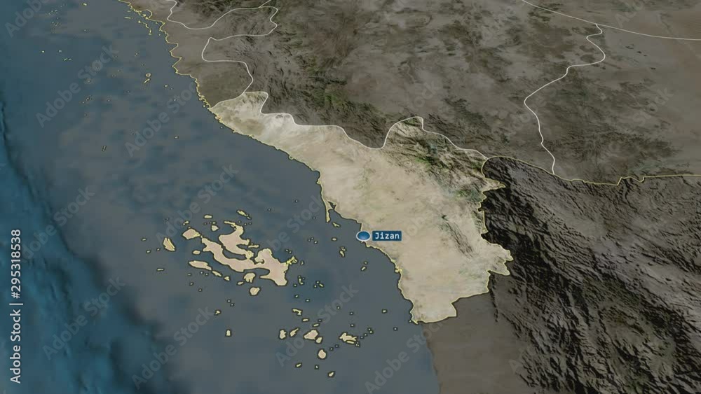Jizan - region of Saudi Arabia with its capital zoomed on the satellite ...