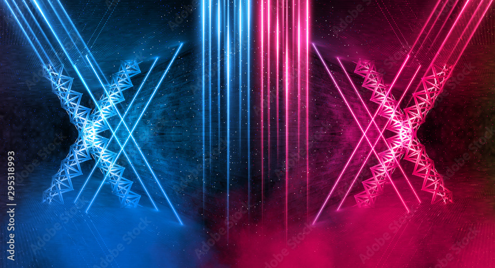Abstract light tunnel, blue background, stage, portal with rays, neon ...