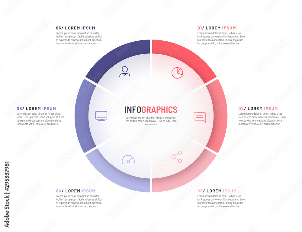 Pie chart infographic template divided by six parts. Vector ...