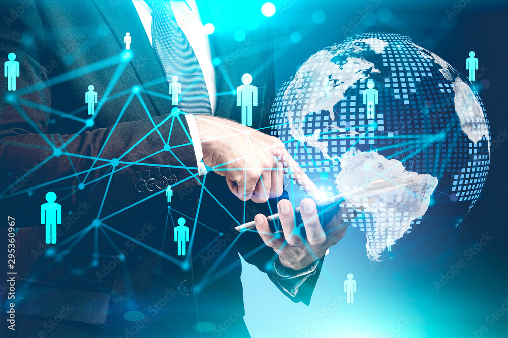 Man with tablet, global social network icons Stock Photo | Adobe Stock