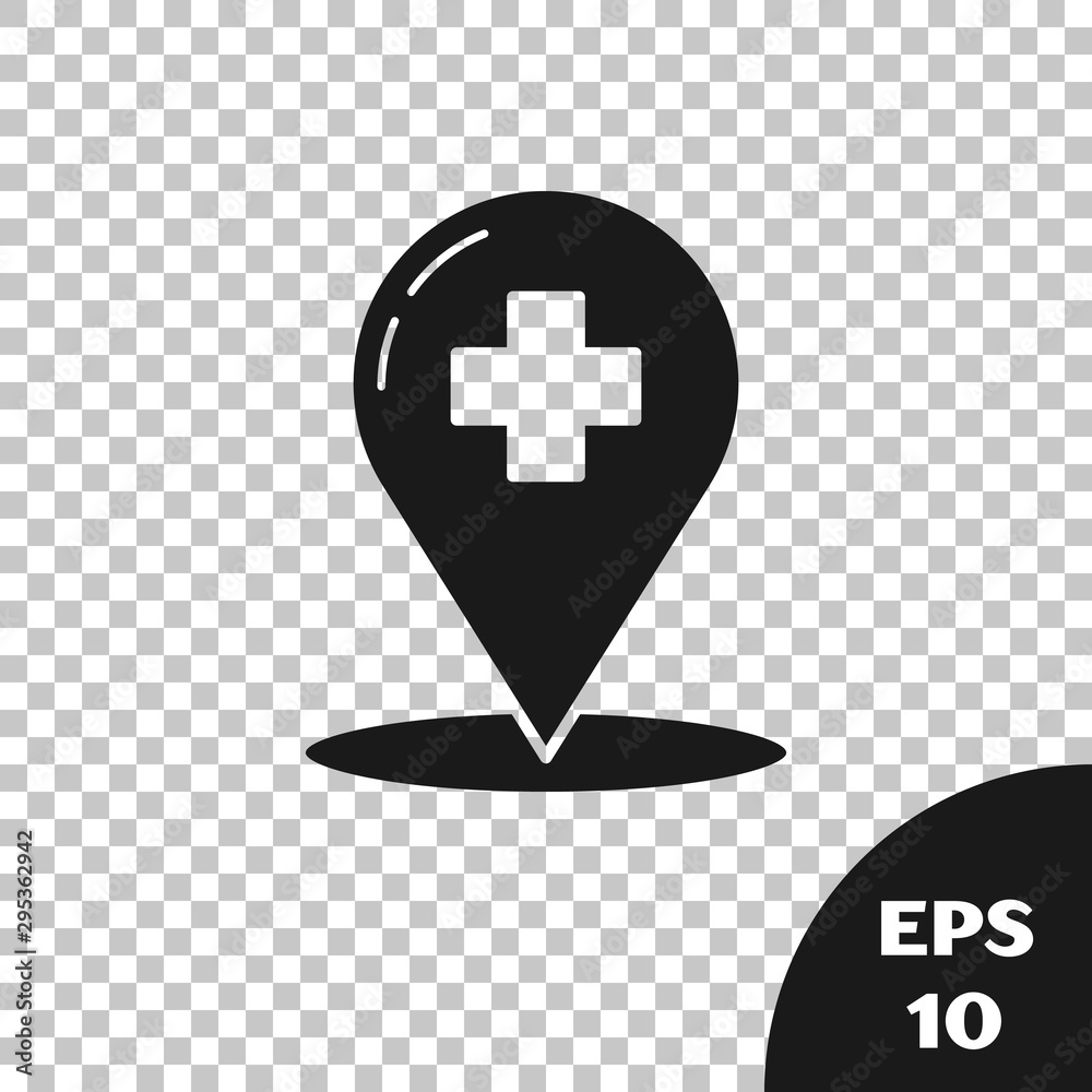 Black Medical map pointer with cross hospital icon isolated on ...