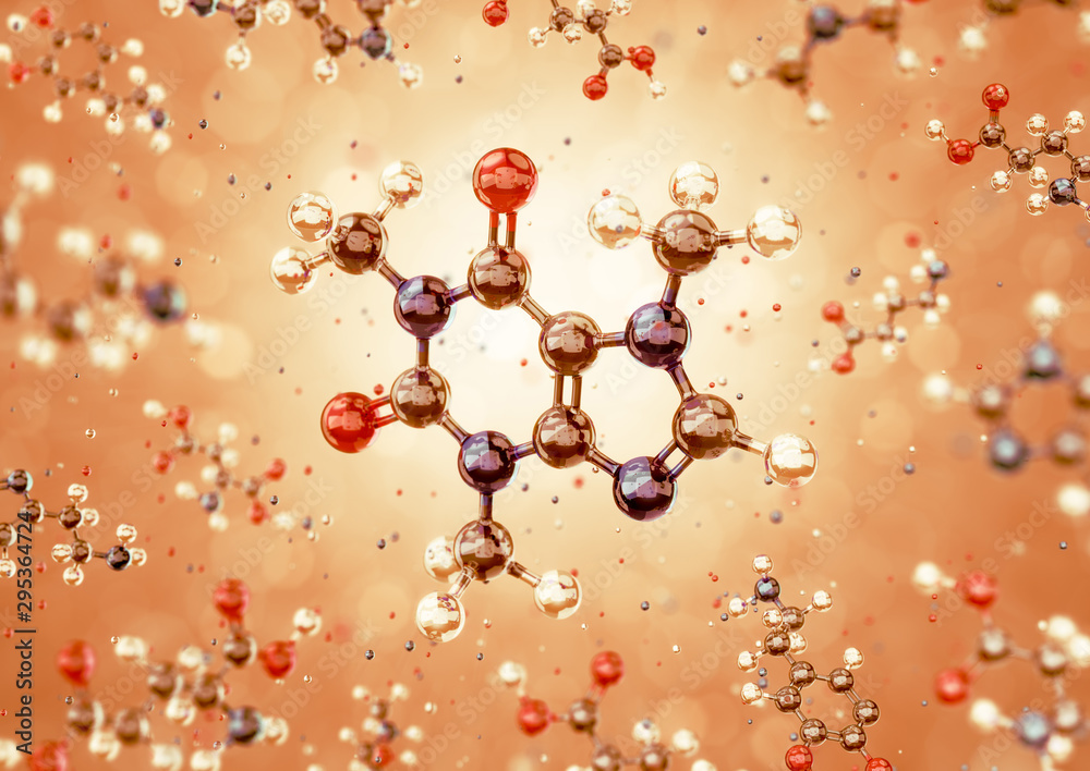 Molecule Of Caffeine. 3D model of a caffeine represented in form of a ... Molecule Of Caffeine. 3D model of a caffeine represented in form of a ...