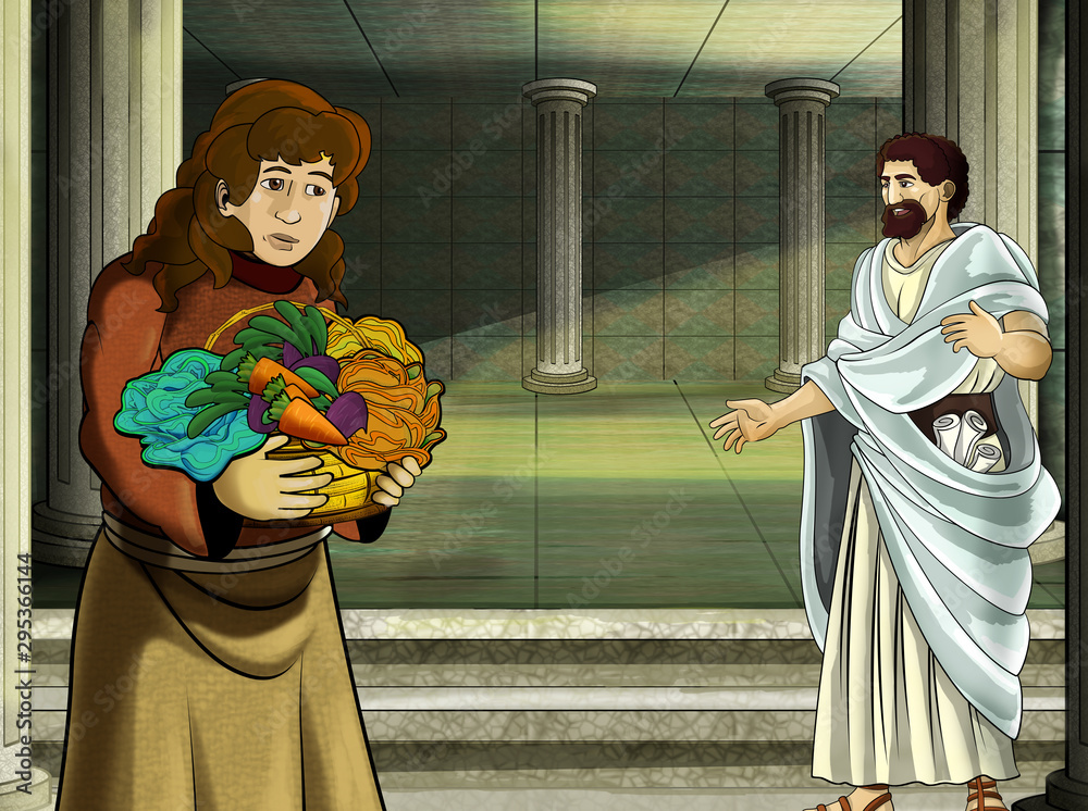 cartoon scene with roman or greek - ancient character near some ancient ...