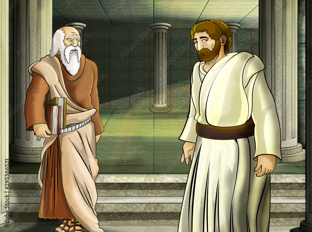 cartoon scene with roman or greek - ancient character near some ancient ...