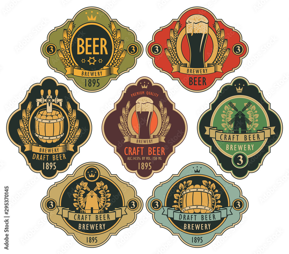 Vector set of ornate beer labels in figured frames with barrel, beer ...