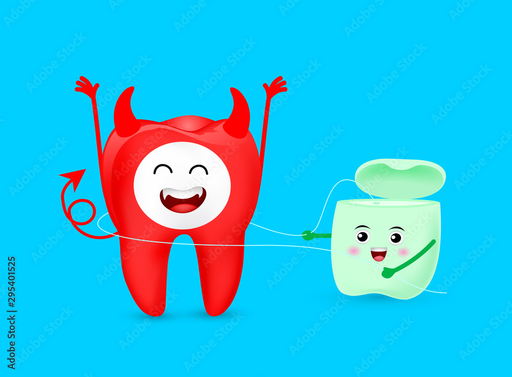 Funny cartoon tooth character cleaned by dental floss. Devil tooth in ...