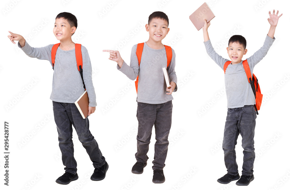 Group of Asian Boy School kid with backpack Full Body isolated on White ...