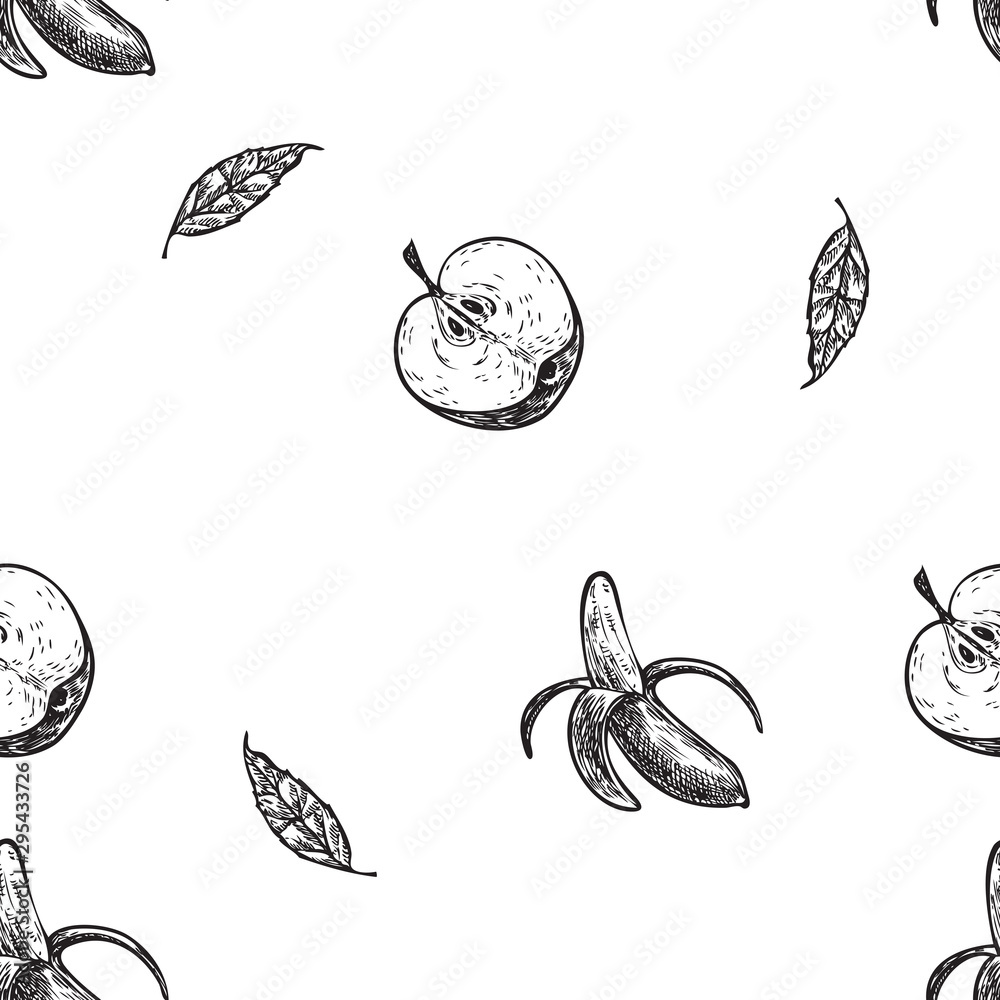 seamless background with banana and apple. Hand drawn fresh fruits ...