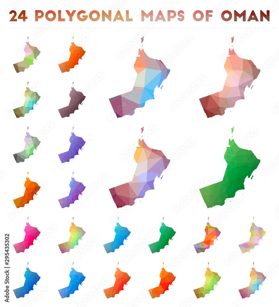 Set of vector polygonal maps of Oman. Bright gradient map of country in ...