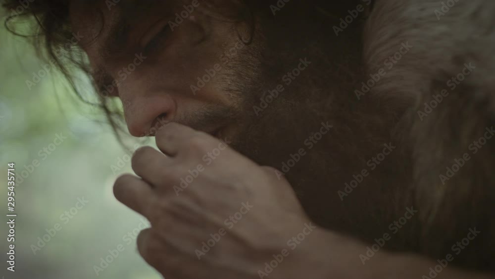 Primeval Caveman Wearing Animal Skin Holds Stone Tipped Spear Looks ...