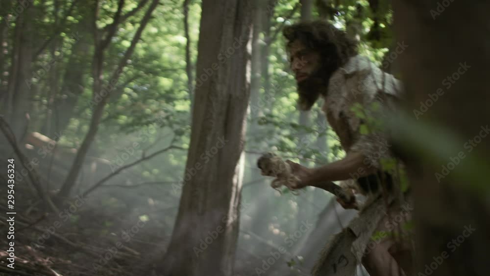Primeval Caveman Wearing Animal Skin Holds Stone Tipped Spear Looks ...