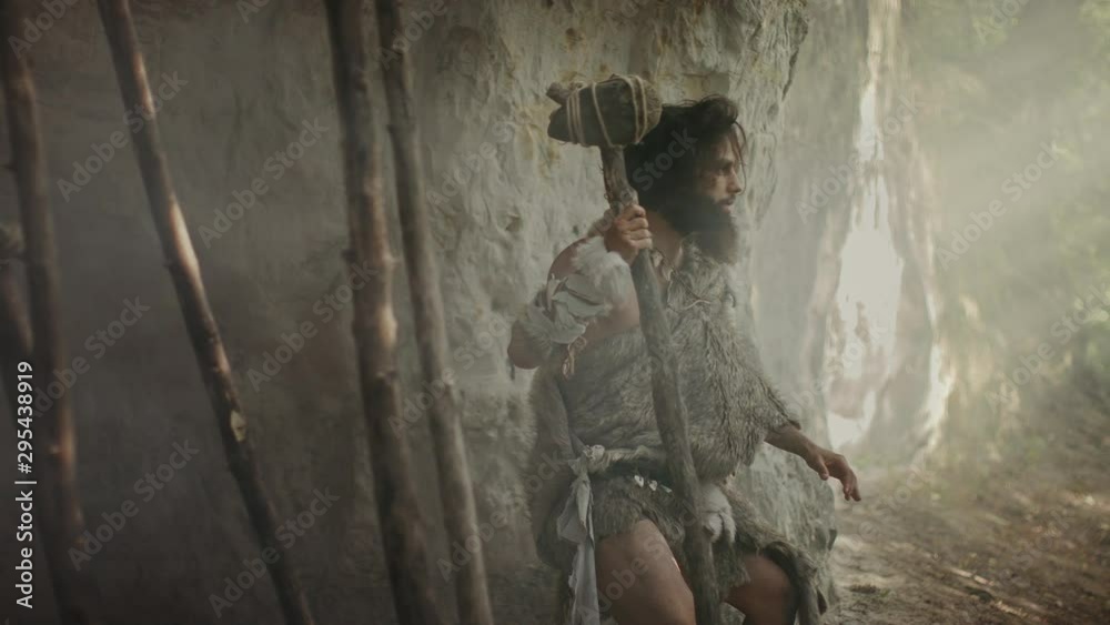 Primeval Caveman Wearing Animal Skin Holds Stone Tipped Hammer Comes ...