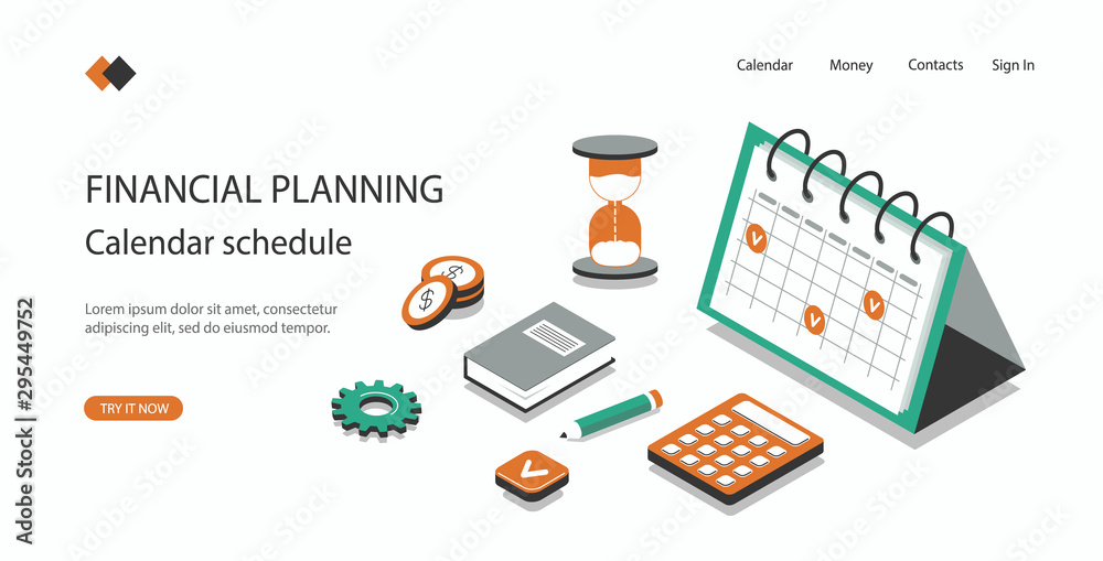 Concept financial planning, calendar with marks, notebook and pencil ...