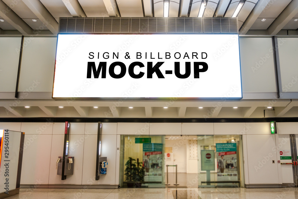 Mock up large billboard frame hanging from ceiling of hall Stock Photo ...
