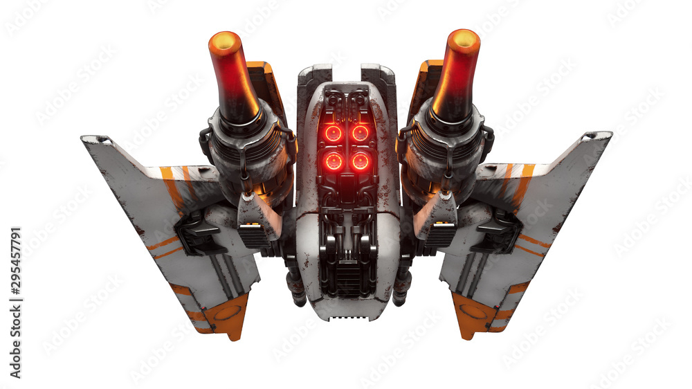 3d illustration of old scratched metal single pilot spaceship isolated ...