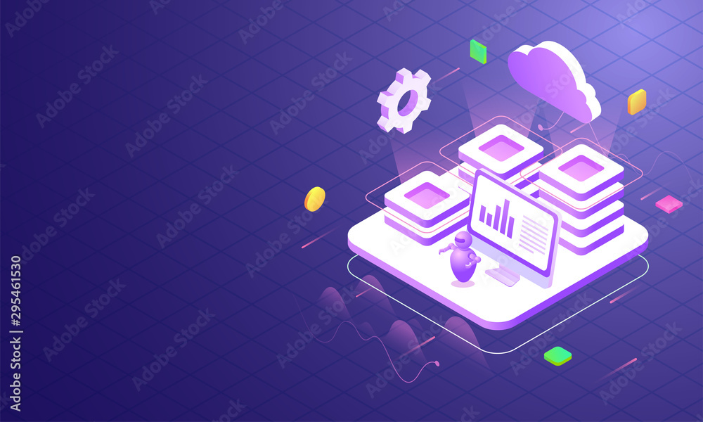 Isometric illustration of cloud server connected to local servers with ...