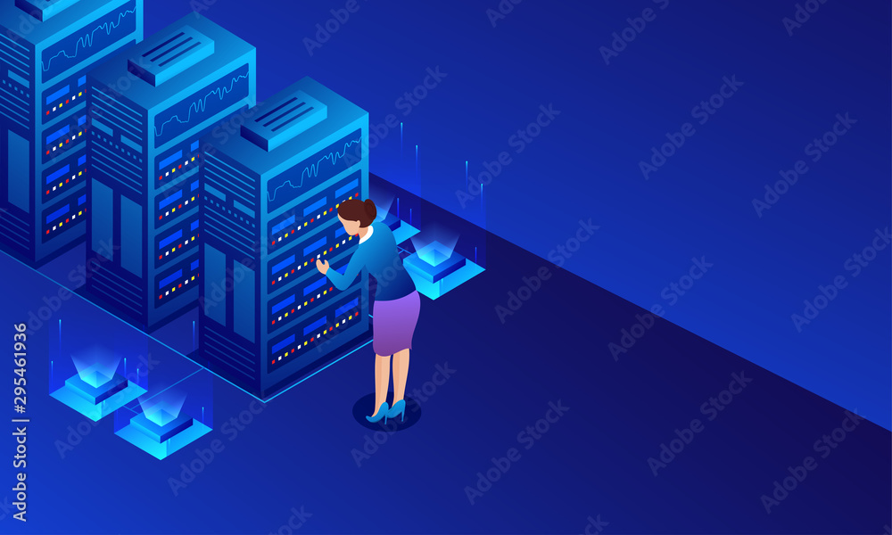 Big data server with local sevres, lady checking the machine on glossy ...