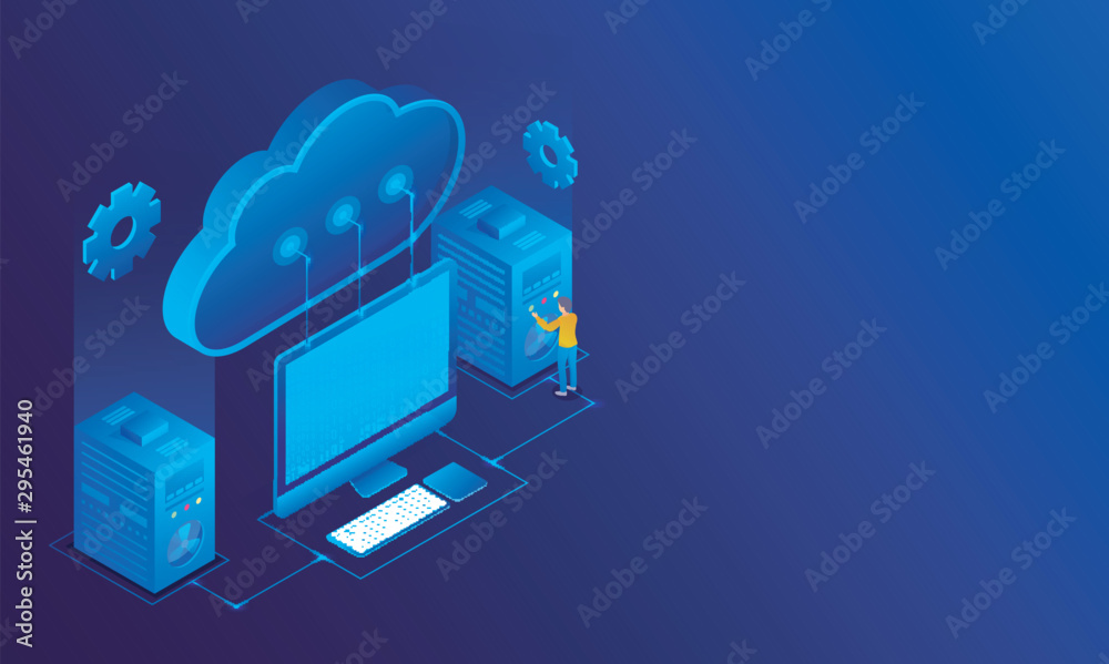 Isometric illustration of desktop connected with cloud and data server ...