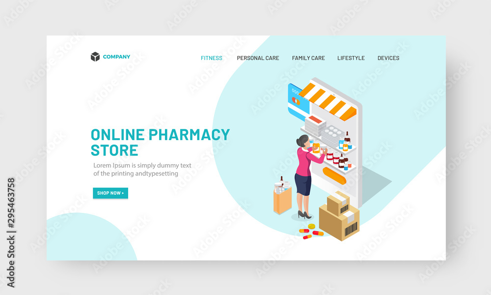 Online pharmacy store concept. 3D isometric design with girl standing ...