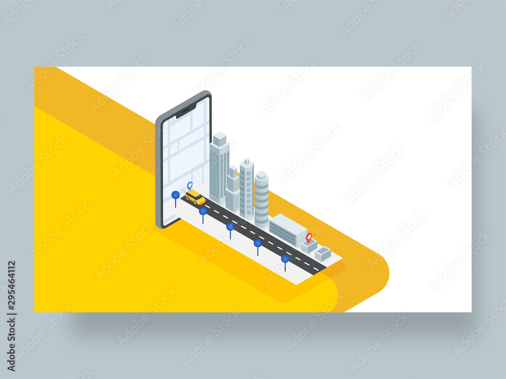 3D isometric design of a taxi or cab location tracking through map ...