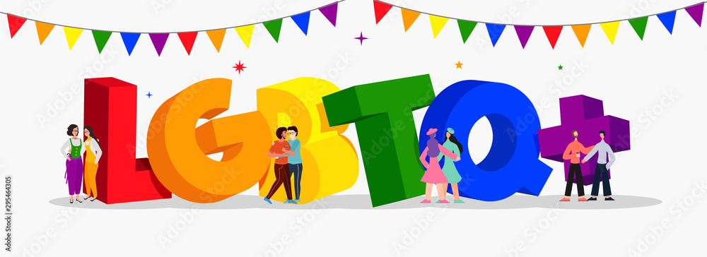 3D colorful text of LGBTQ+ with gay and lesbian couples on white ...