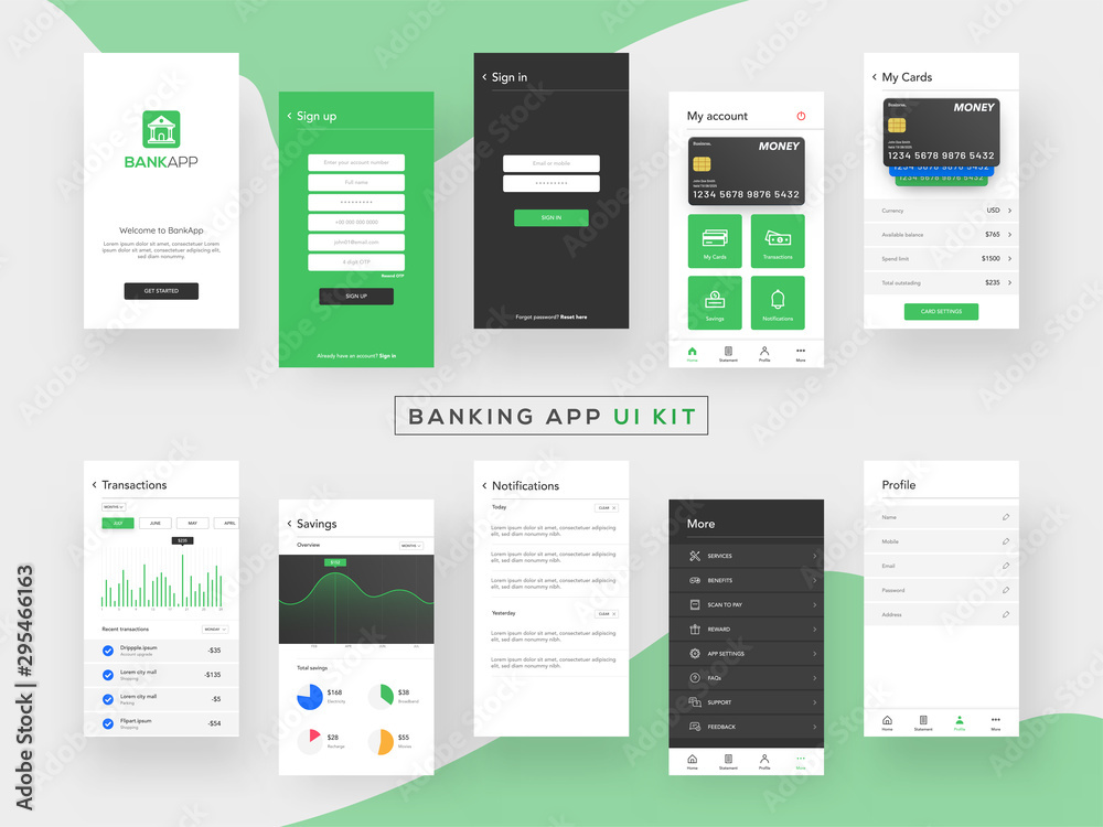 Vetor de Banking App UI Kit for responsive mobile app or website with different GUI layout ...