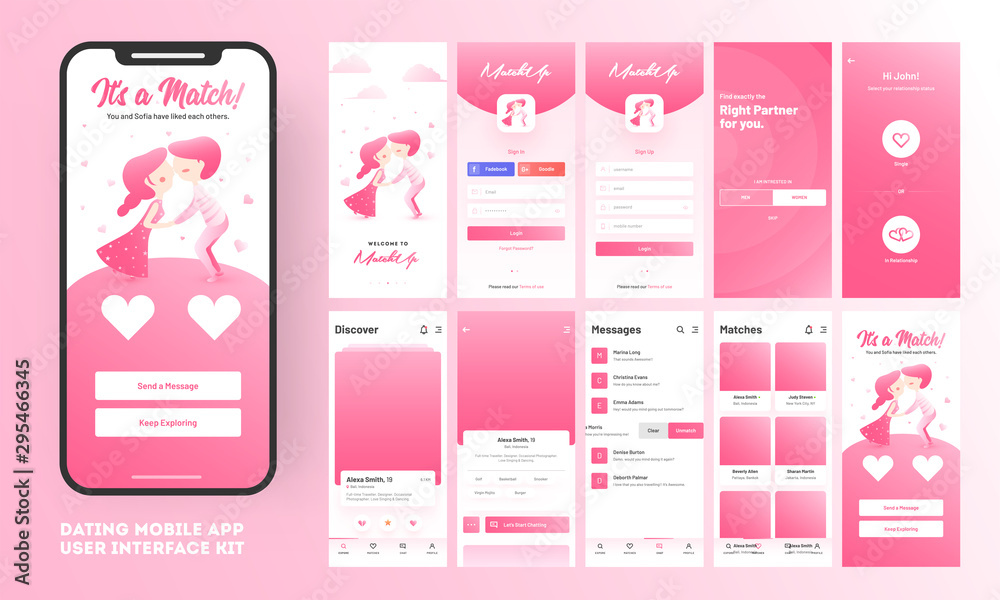 Dating app ui kit for responsive mobile app or website with different gui layout including user ...