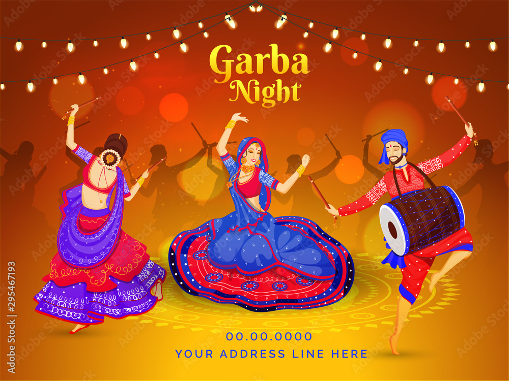 Garba Night celebration poster or banner design with illustration of ...