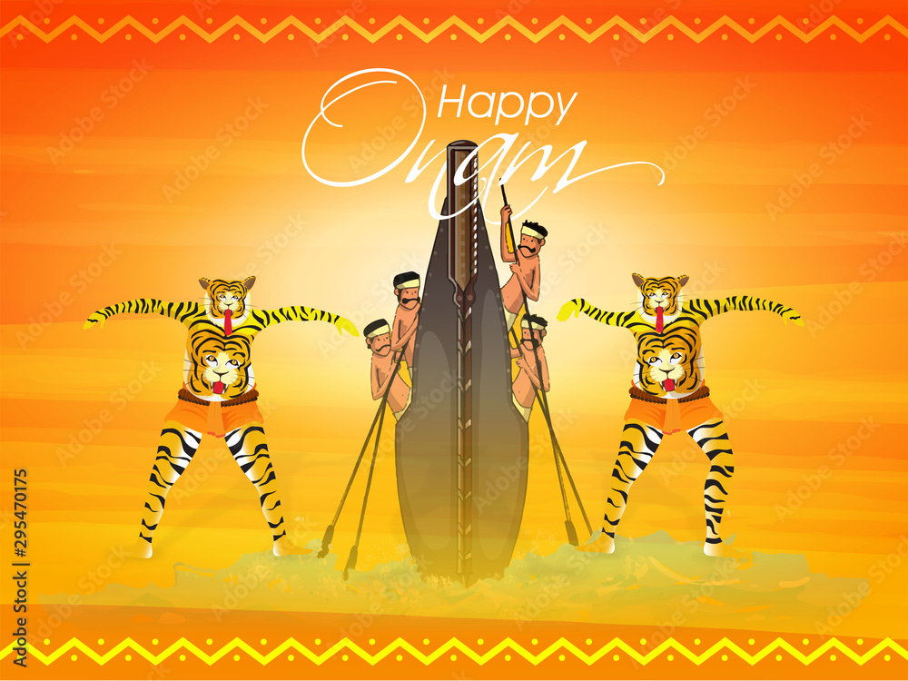 Illustration of traditional tiger dance (Pulikali) and boat racing ...