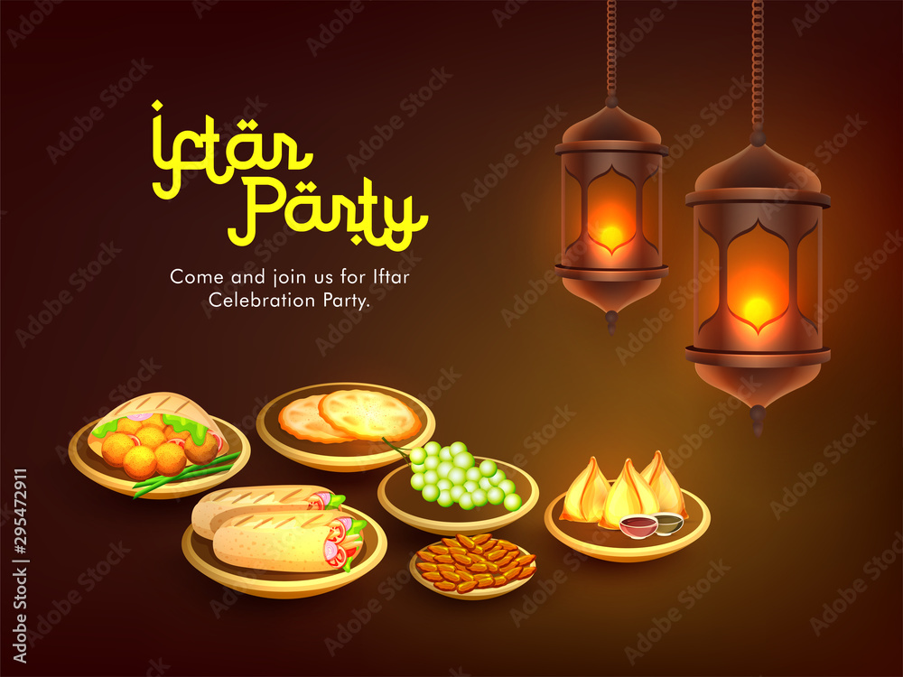 Hanging beautiful lanterns on brown background for Iftar Party ...