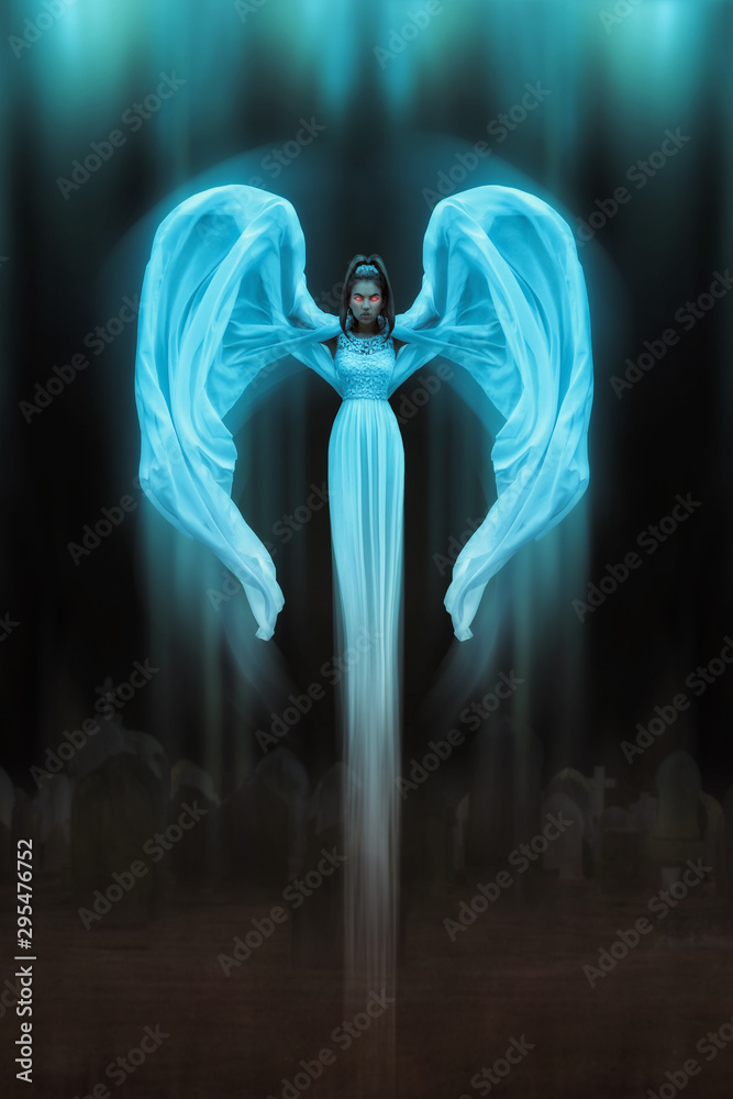 Frightening ghost of a young lady in a white wedding dress flying in a ...