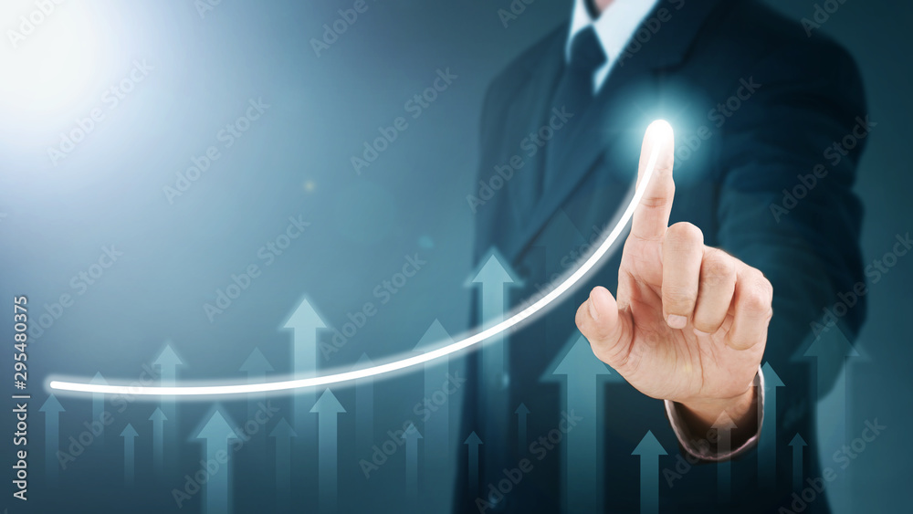 Man standing and pointing hand with Arrow and Line Visual Graphic on ...