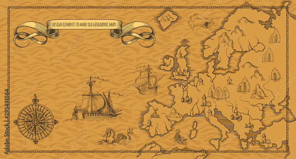 Old caravelle, vintage sailboat, sea monster. Detail of fantasy ...