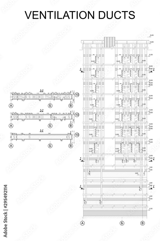 Ventilation ducts of multistory building, detailed architectural ...