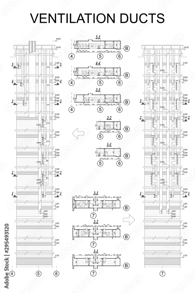 Ventilation ducts of multistory building, detailed architectural ...