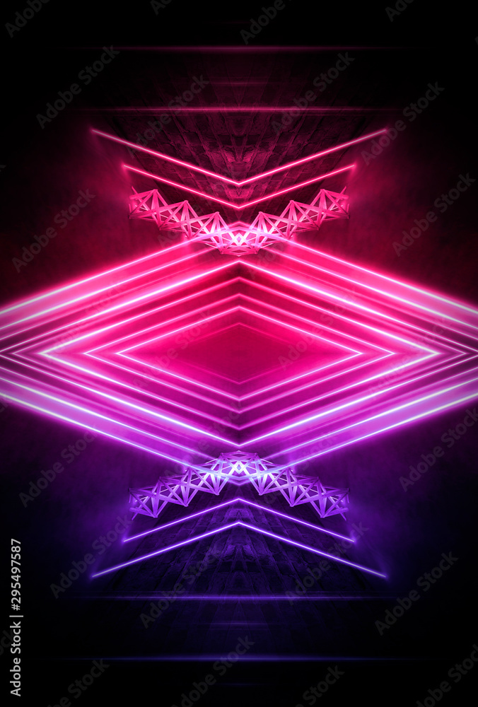 Abstract dark neon background. Neon geometric shapes, rays and lines ...