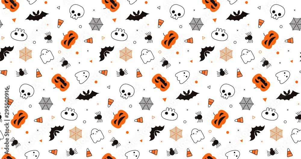 Seamless repeat pattern with pumpkins, ghosts, candy corn, bats, spider webs, skulls, white ...